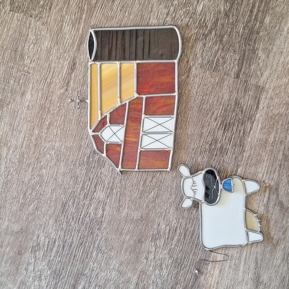 Vintage | Art | 9s Farm Stained Glass 2 Piece Set Cow And Barn Vintage ...